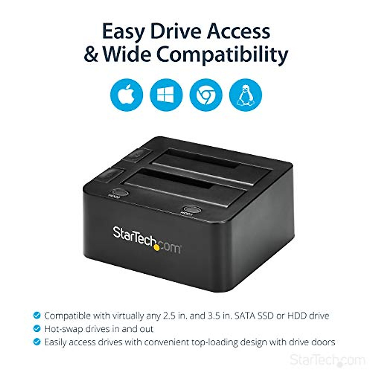 StarTech.com Dual-Bay USB 3.0 To SATA Hard Drive Docking Station, USB Hard Drive Dock, External 2.5/3.5" SATA I/II/III, SSD/HDD Docking Station, Hot-Swap Hard Drive Bay, Top-Loading (SDOCK2U33),Black