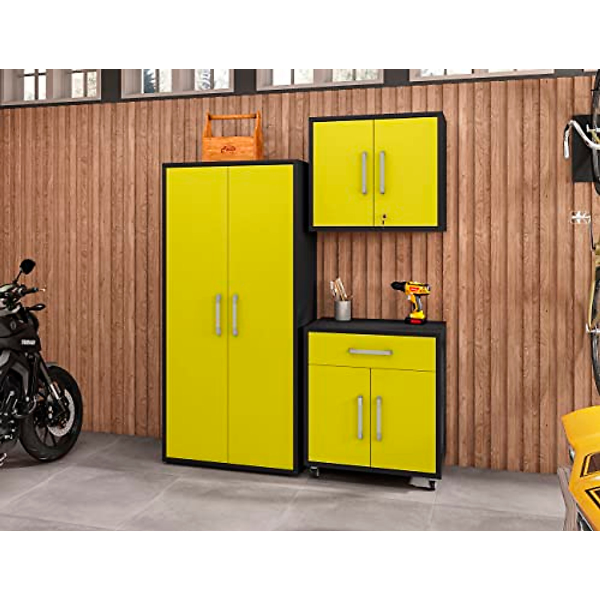 Manhattan Comfort Eiffel 3-Piece Storage Garage Set in Matte Black and Yellow
