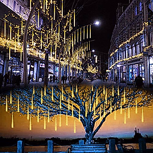 MUEQU Solar Light Outdoor, Waterproof Christmas String Lights Solar LED Meteor Shower Rain Lights Falling Raindrop Light 8Tubes 288LED Fairy Lights for Xmas Tree Garden Party Decor (Warm White)