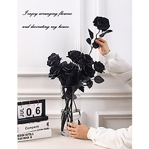 Laelfe 12 PCS Artificial Flowers Black Roses, Fake Silk Flower Long Stem Artificial Black Rose for Halloween Home Wedding Party Decorations(Black)
