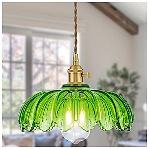 LYE Glass Pendant Light Fixture Vintage Farmhouse Retro Green Glass Golden Pendant Lighting Mid Century Modern Copper Green Glass Pendant Light for Kitchen Island, Dining Room, Bar, Bedroom
