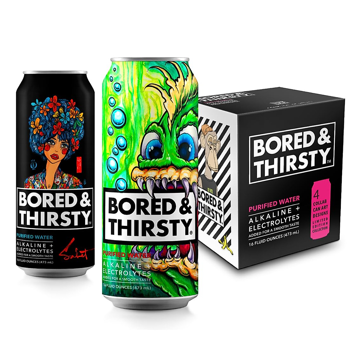 Bored & Thirsty Ionized Alkaline Water with Electrolytes & Trace Minerals for a Smooth Taste. Limited Edition Art Collabs 100% Recyclable 16 Fl Oz Aluminum Cans (4 Pack). Stop Single Use Plastic!