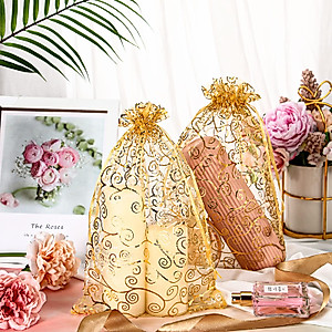 Kigeli 100 Pcs 8 x 12 Inches Large Drawstring Organza Bags Party Favor Bags Gold Sheer Mesh Bags Rattan Printed Pouches Goodie Bags Gift for Birthday Jewelry Wedding Christmas Party Favors Gift