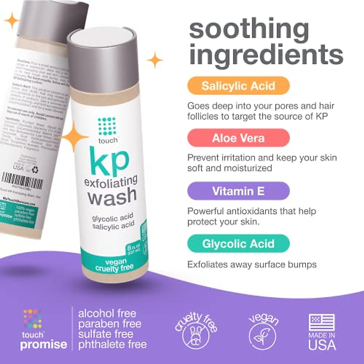 Touch Keratosis Pilaris Exfoliating Body Wash Cleanser - KP Treatment with 15% Glycolic Acid, Aloe Vera, & Hyaluronic Acid - Smooths Rough & Bumpy Skin - Gets Rid Of Redness, 8 Ounce