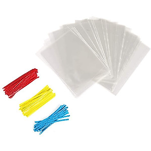 100 Pcs 8 in x 6 in Clear Flat Cello Cellophane Treat Bags Good for Bakery,Popcorn,Cookies, Candies,Dessert 1.4mil.Give Metallic Twist Ties!