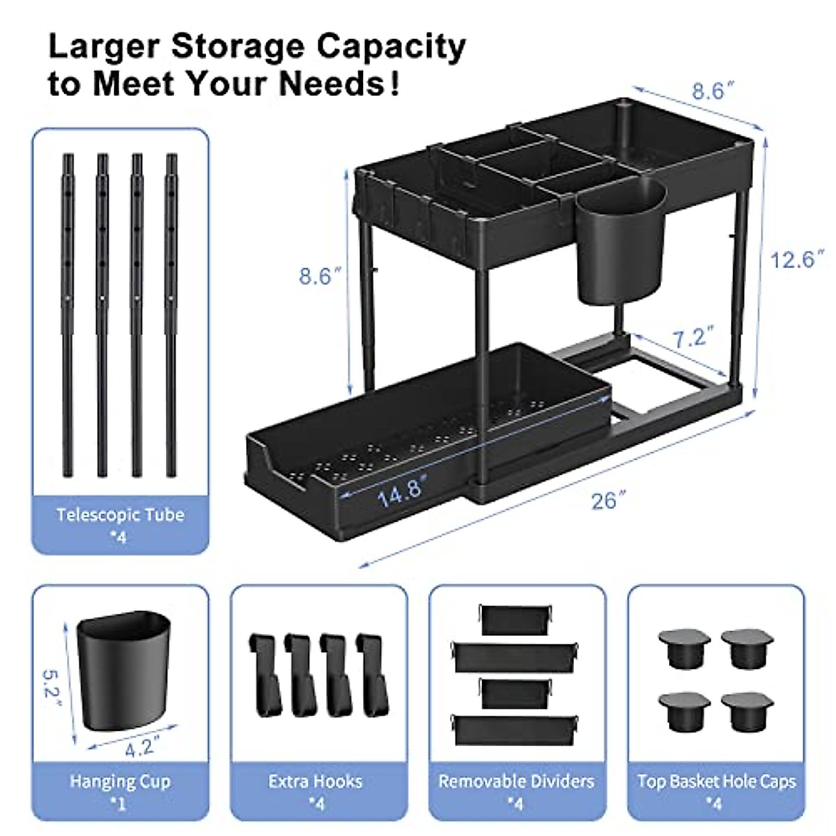 Under Sink Organizers and Storage, 2 Tier Black Bathroom Cabinet Organizer with 4-Height Adjustable Telescopic Tube,4 Removable Dividers,4 Hooks,1 Cup, Kitchen Under Sink Organizer,1 Pack