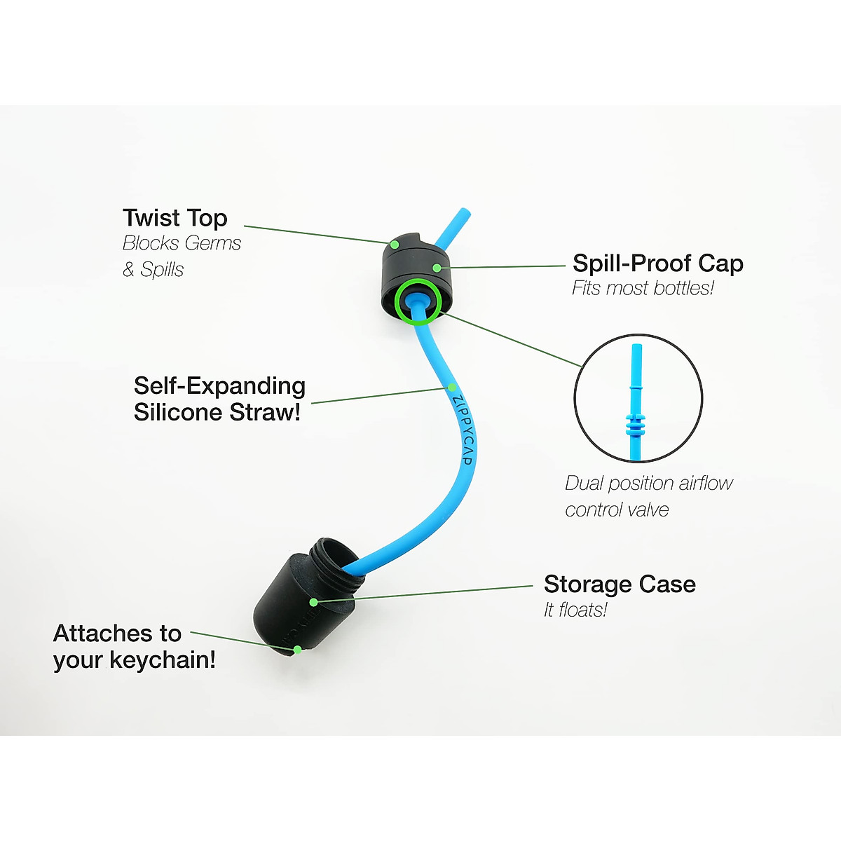 ZippyCap Reusable Silicone Straw | Built-in Universal SpillProof Twist Cap | Green Straw | Single Pack