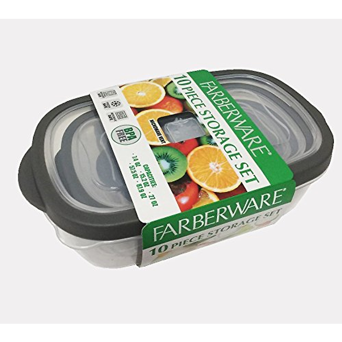 FARBERWARE 10 Piece Plastic Rectangle 'Vented' Nesting Food Storage Set, Gray