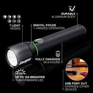 Energizer Vision HD Rechargeable LED Flashlight with Digital Focus, Water Resistant Emergency Flashlight for Camping Gear and Indoor-Use, Flash Light with USB Charging Cable Included, Pack of 1