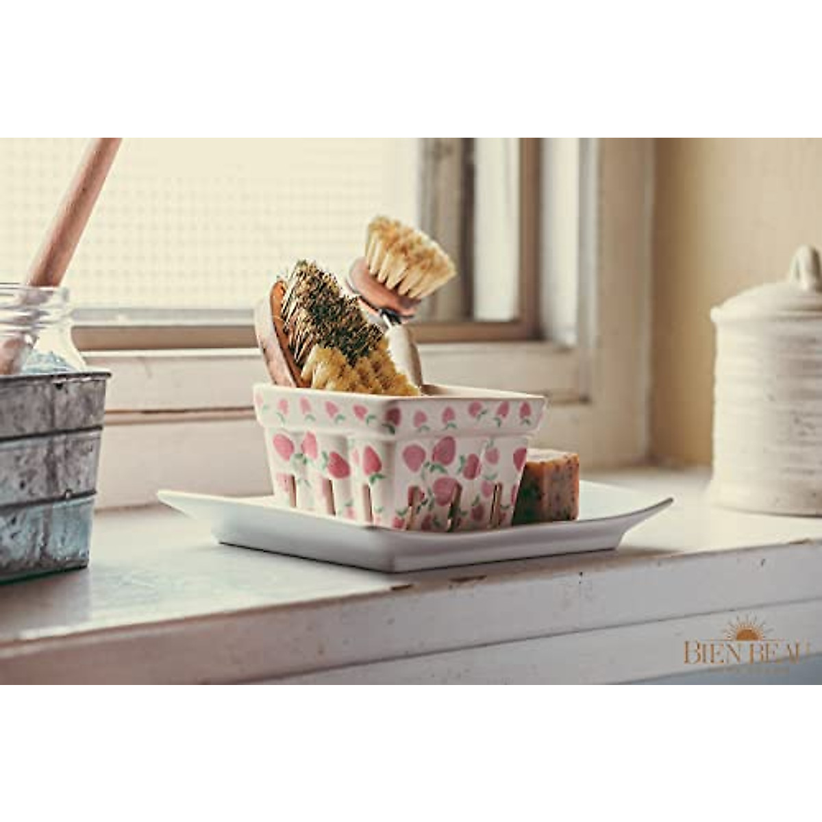 Farmhouse Ceramic Berry Basket, Colander, Strawberry Decor, Fruit Bowls, Fruit Baskets, Kawaii Strawberry Kitchen bowl, Pink White and Cute Strawberry pattern Stoneware Harvest Square Bowls Set of 4