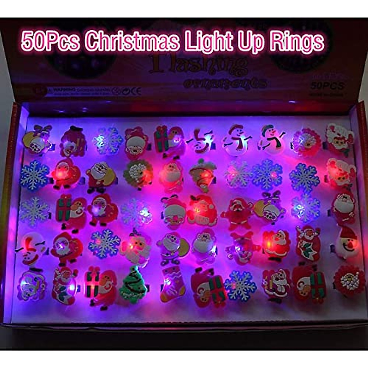 50PC Christmas Light Up Rings Party Favors for Kids, Glow In The Dark Christmas Party Supplies for Girls Boys, Christmas Stocking Goodie Bag Stuffers Fillers
