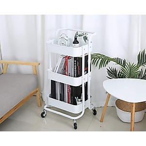 3-Tier Metal Mesh Rolling Cart Storage Organizer with Utility Handle and Wheels, White