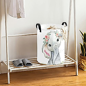 Personalized Custom Pink Flower Elephant Laundry Baskets with Name Waterproof Laundry Hampers Storage Baskets with Handles for Baby Boys Girls Gift