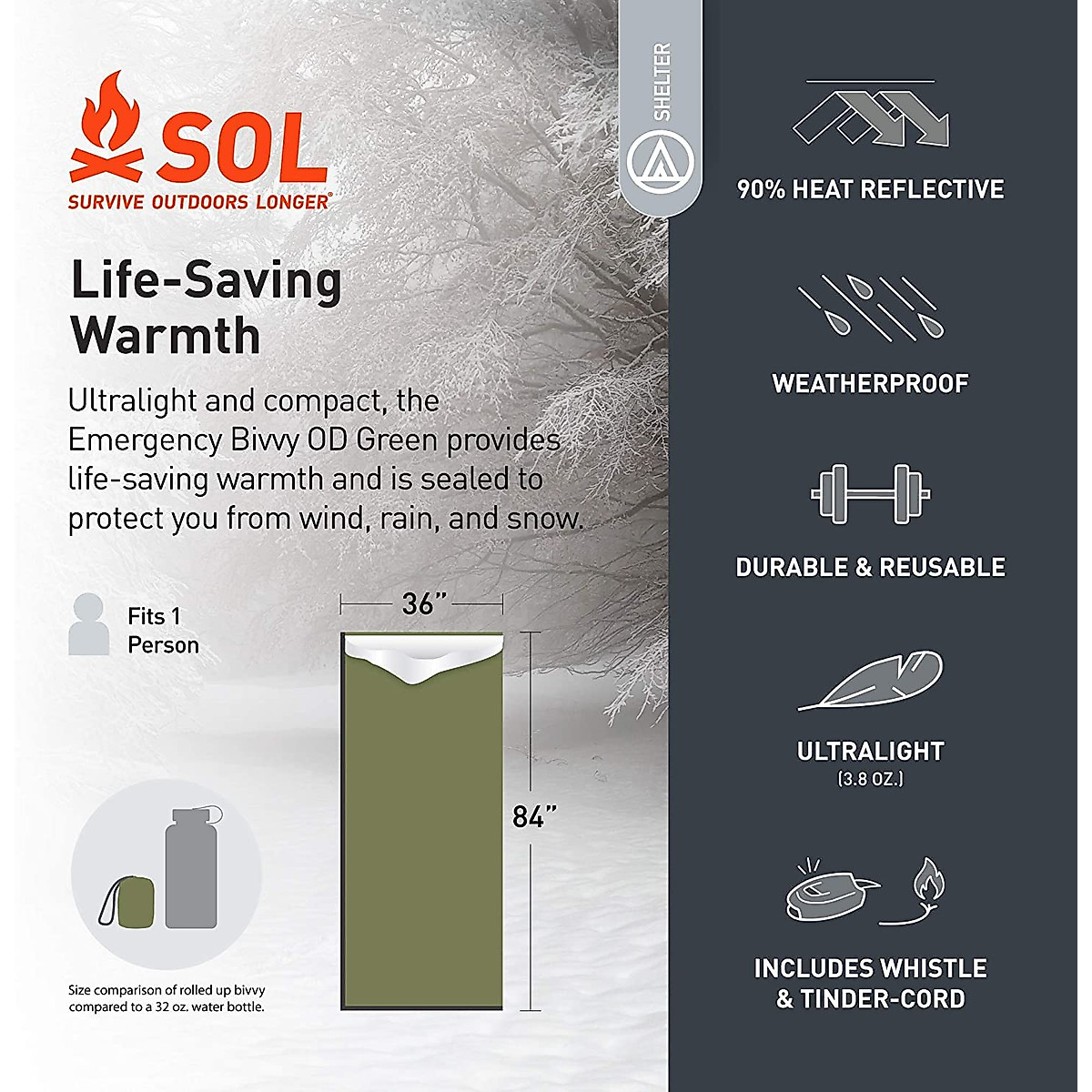 Survive Outdoors Longer 90% Emergency Bivvy - Comes with Survival Whistle & Tinder Paracord Drawstring - Add to Emergency Kit & Hiking Gear - Waterproof, Windproof & Tear-Resistant - 3.8 oz, Green