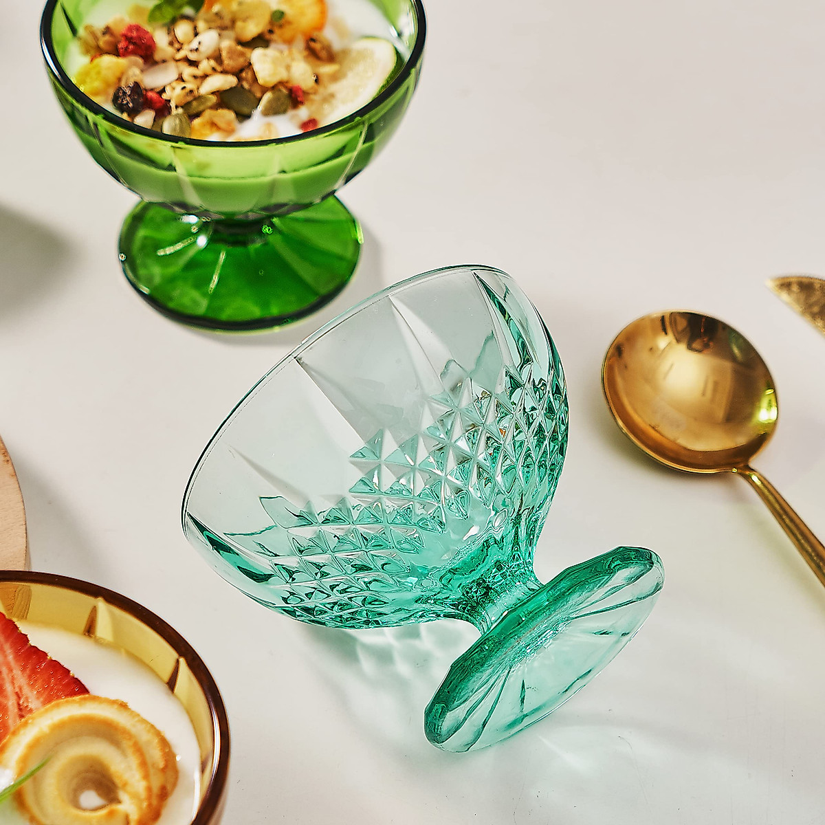 KMwares 4PCs Set 8oz Colored Footed Glass Dessert Bowls/Cups