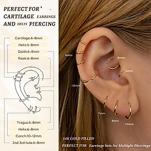 Gokeey Gold Hoop Earrings Set: 14k Gold Plated Lightweight Hoops - Huggie, Cartilage (6mm-12mm)