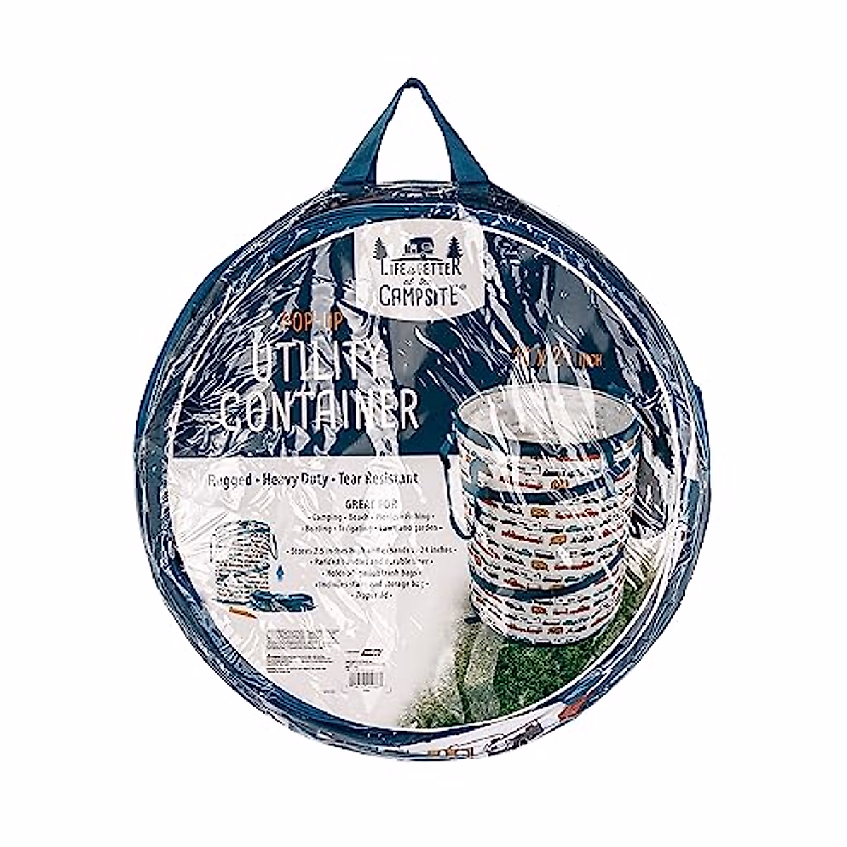 Camco Life Is Better at the Campsite Camper/RV Pop-Up Utility Container | Features Multi-Color Camping Themed Design & Holds 30-Gal. Kitchen-Size Trash Bags | Includes Heavy-Duty Stake (42986)