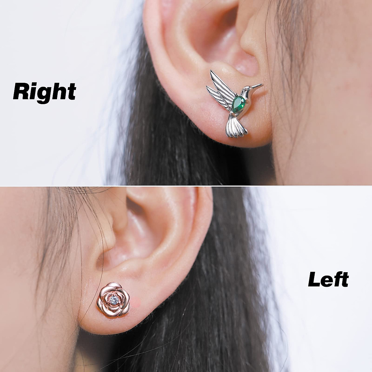 WOUOVO S925 Hummingbird Drop-Dangle Earrings - Waterdrop Flower Bird Eearring with Green Spinel Crystal Stone Mothers day Gifts for Mom and daughter (Rose Flower hummingbird)