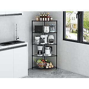 Sasoiky 5 Tier Corner Storage Shelves, Wire Shelving Unit, Metal Shelf, Steel Storage Rack 23.2" L x 17.3" W x 60.8" H for Laundry Bathroom Kitchen Pantry Closet, Black