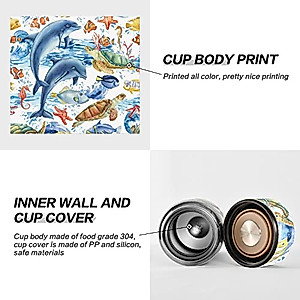 CaTaKu Small Water Bottle 12 oz, Sea Life Fish Turtle Insulated Water Bottle for Water Coffee Tea Stainless Steel Flask Thermos Bottle Reusable Wide Mouth Vacuum Travel Mug