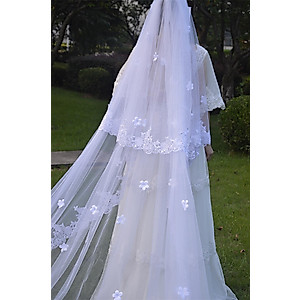 Weddings Veils 2 Tier Long Cathedral Length Lace Appliques Flowers Bridal Veil with Comb White Ivory
