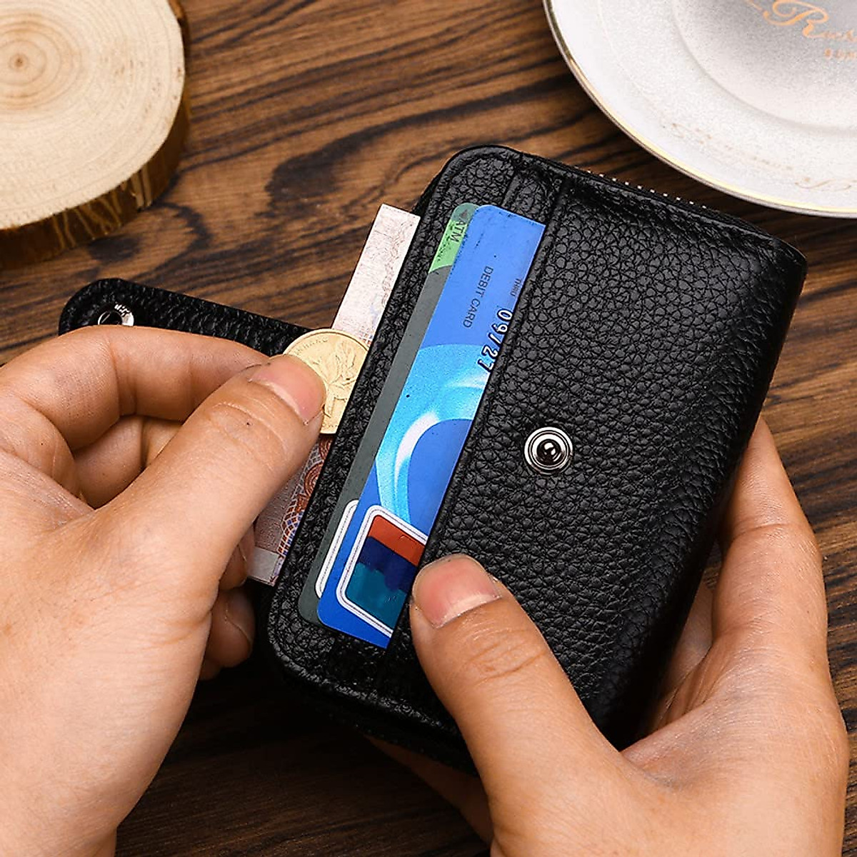 SEADEAR Multifunctional Wallet, Genuine Leather Zipper Coin Purse Mini Coin Purse Key Pocket Card Holder Men Women Id Bag Credit Cards Holder Redpink