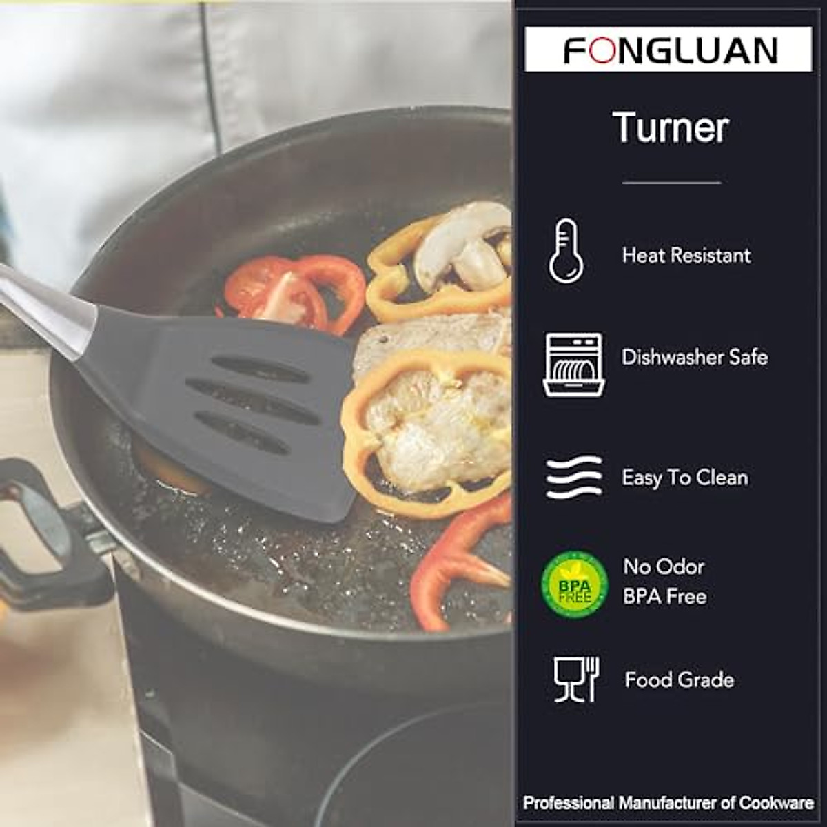 FONGLUAN Silicone Cooking Utensils Set, Set of 2, Kitchen Spatulas and Slotted Basting Spoons, Nonstick Cookware, BPA Free Heat-Resistant Kitchen Utensils, Black