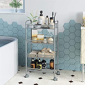 HOUKAI Multipurpose Metal Mesh Carts with Rolling Storage and Rack 4 Floors Silver Gray