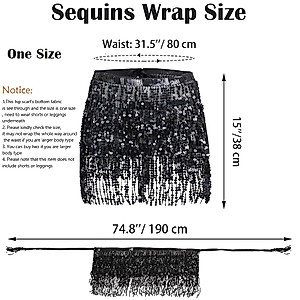 Women's Sequin Tassel Skirts Sparkly Rave Fringe Hip Scarf for Festival Costume(Black)