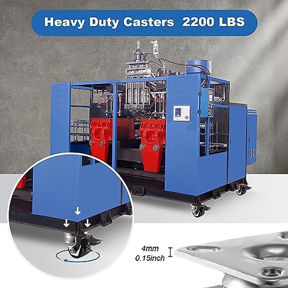 2 Inch Casters Wheels, Heavy Duty Casters Set of 4, Low Gravity Center Industrial Grade Casters with Brake 2200 LBS, No Noise Locking Plate Swivel Casters, Durable Nylon Wheels for Machine, Equipment
