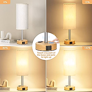 Beside Table Lamp for Bedroom Nightstand - 3 Way Dimmable Touch Lamp USB C Charging Ports and AC Outlet, Small, Wood Base Round Flaxen Fabric Shade for Living Room, Office Desk, LED Bulb Included
