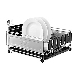 happimess DSH1000A Compact 17.25" Fingerprint-Proof Stainless Steel Dish Drying Rack, Dish Rack with Wine Glass Holder, Utensil Holder, Stainless Steel/Black, Silver/Black
