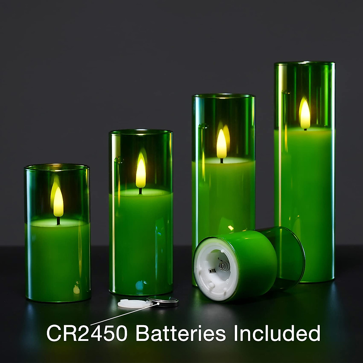 Girimax Green Glass Flameless Candles with Remote, Flickering LED Votive Pillar Candles Battery Operated Slim Tall Candles Φ 2" H 3" 4" 5" 6" 7"