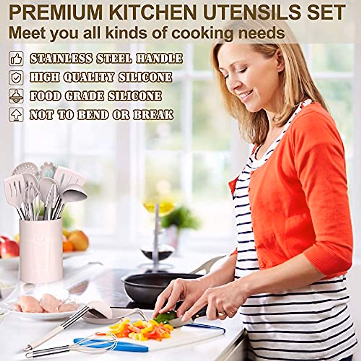 Umite Chef Silicone Kitchen Cooking Utensil Set, 43 pcs Silicone Kitchen Spatula Utensils Set with Stainless Steel Handle, Non-stick Heat Resistant - Best Kitchen Cookware Set-(Khaki)