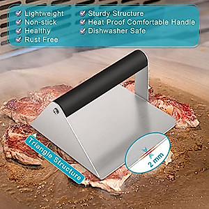 Leonyo Square 6.2 Inch Melting Dome Set of 2 & 5.5 Inch Burger Press, Heavy Duty Griddle Grill Steam Dome Lid (2 Pack), Stainless Steel Smash Bacon Grill Press for Burger Patty Cast Iron Flat Top BBQ