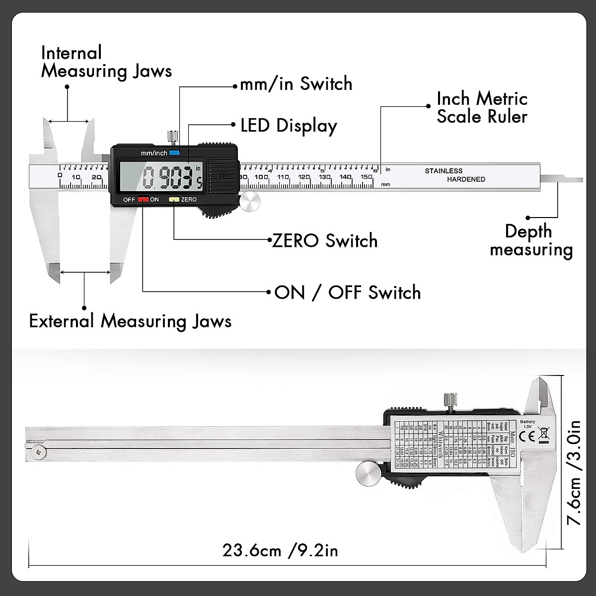Simhevn Electronic Digital Caliper Measuring Tool, Stainless Steel Vernier Caliper Digital, Easy Switch from Inch Metric, LCD Screen,0-6inch/150mm Caliper Measuring Tool for DIY/3D Printing
