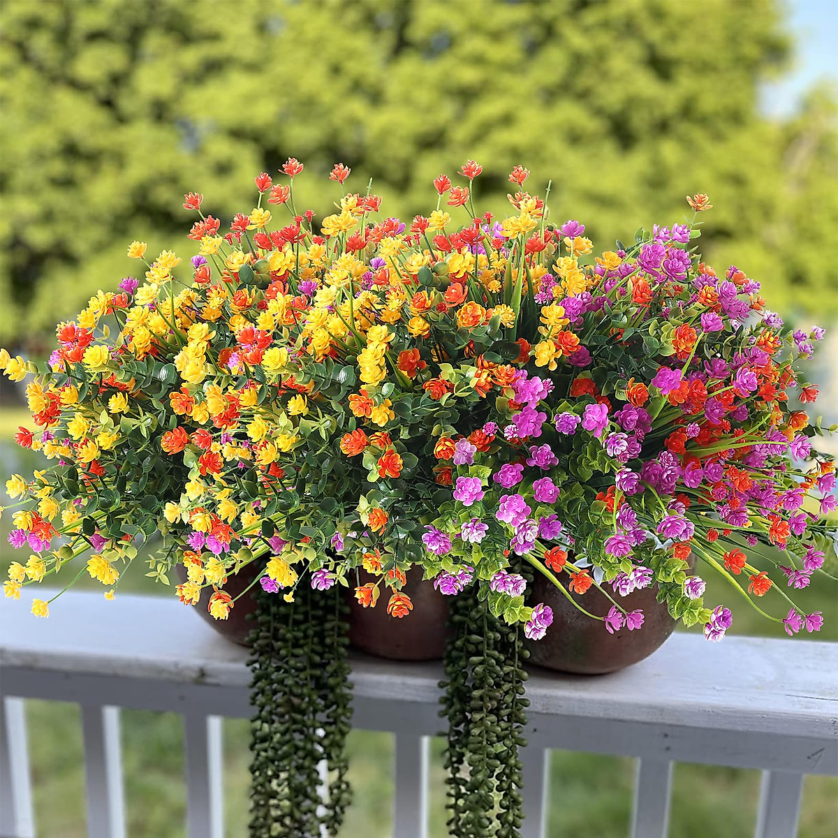 HOGADO Artificial Greenery Stems 4pcs Fake Plants Outdoor UV Resistant Faux Eucalyptus Branches for Home Garden Proch Window Box Decor Green