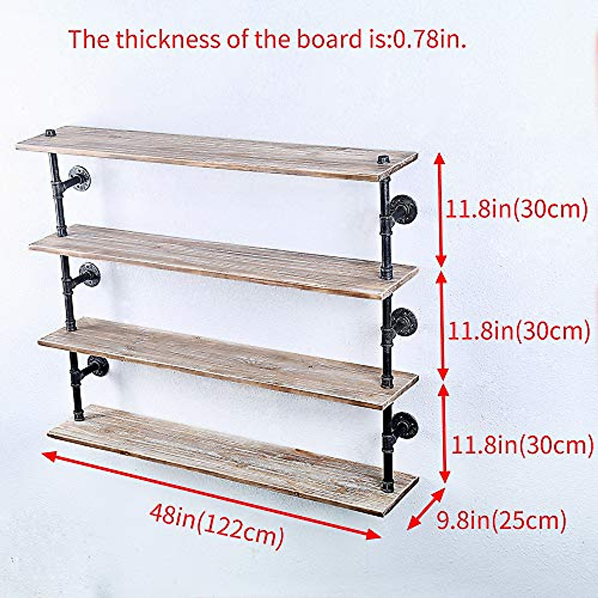 GWH Industrial Pipe Shelf Wall Mounted,Steampunk Real Wood Book Shelves,4 Tier Rustic Metal Floating Shelves,Wall Shelving Unit Bookshelf Hanging Wall Shelves,Farmhouse Kitchen Bar Shelving(48in)