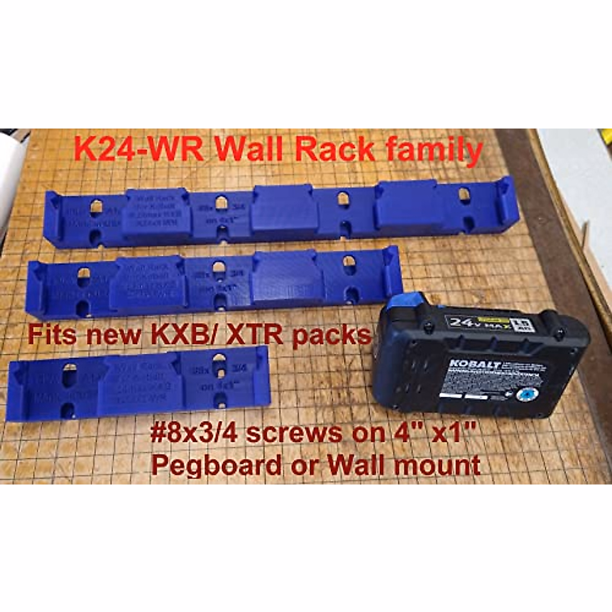 K24 4 slot Battery Rack for Kobalt Wall Mount Holder Latching Storage Rack 24VMax and KXB/ XTR Ultimate Output packs KXB-424-03, KXB-824-03. KB-124-03, KB-324-03, KB424-03, KB-624-03. USA PN K24x4-WR