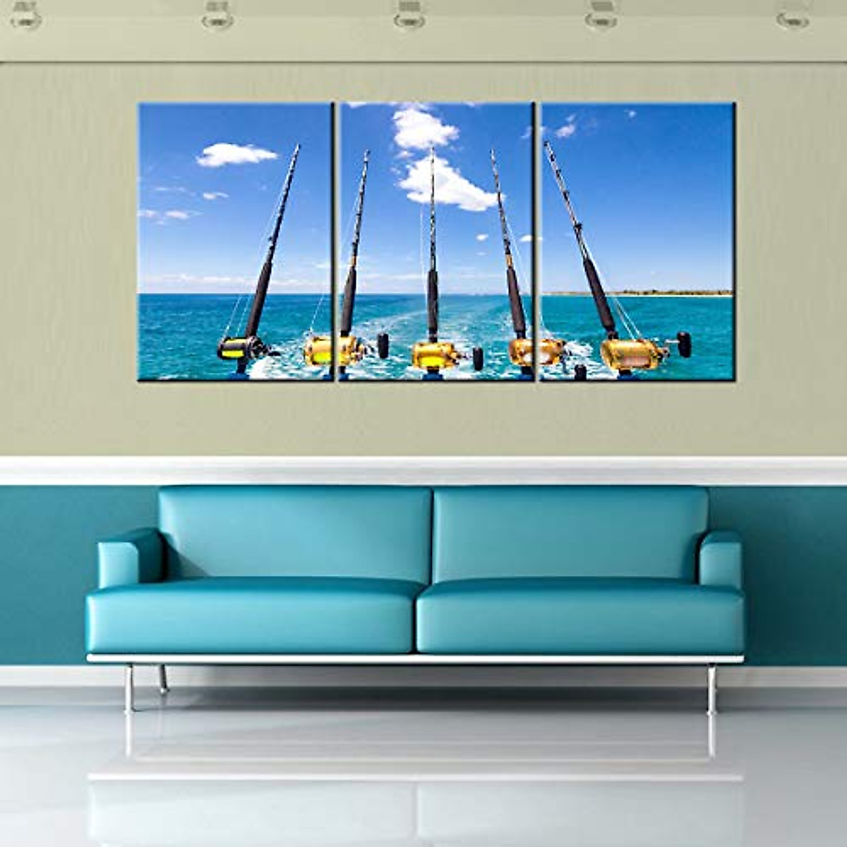 Canvas Wall Art Row of Five Fishing Rod and Reel Pictures Blue Seascape Paintings for Living Room Giclee Fishing Tackle Artwork HD Prints Modern Home Decor Framed Stretched Ready to Hang(60''Wx28''H)