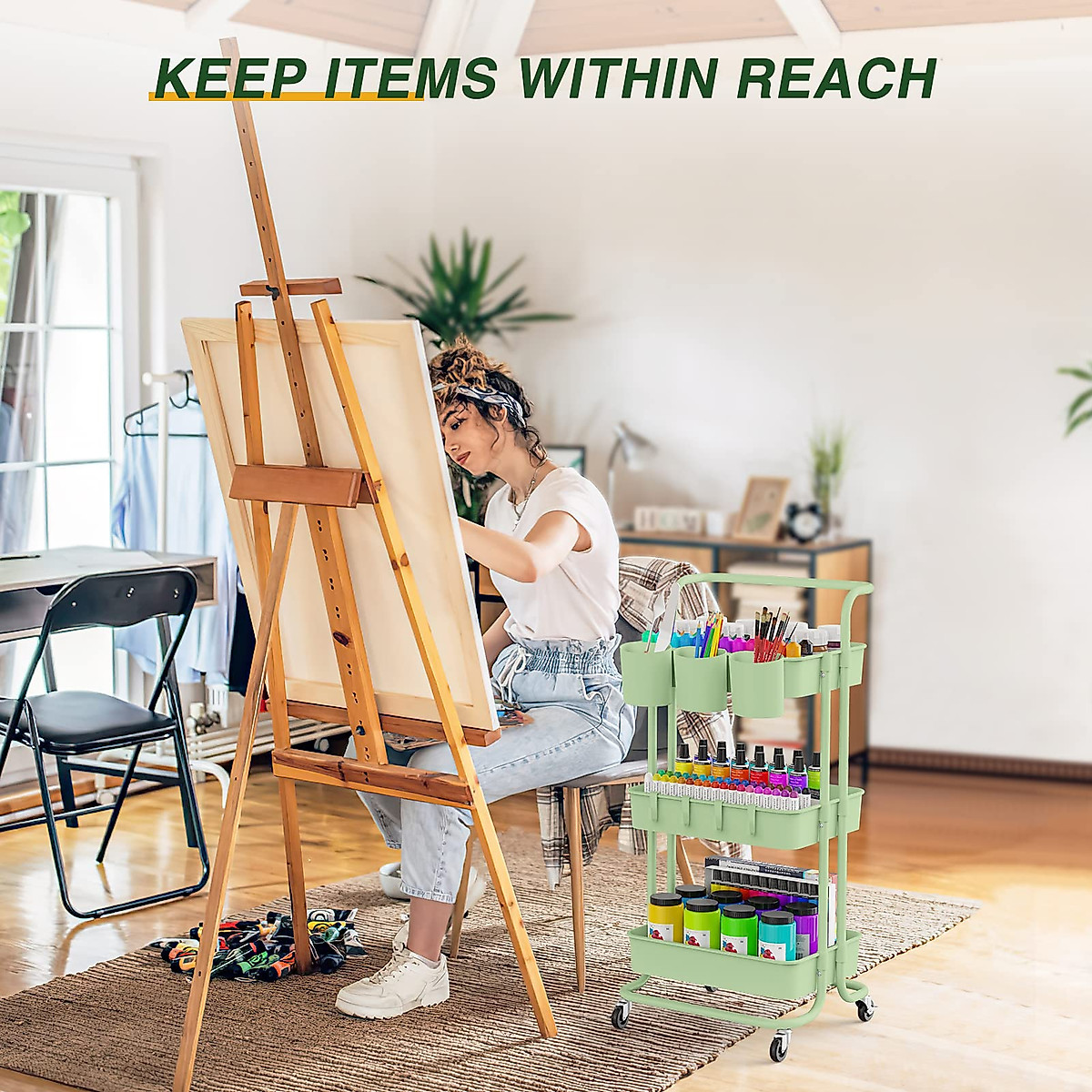 LEHOM 3-Tier Rolling Mobile Utility Cart with Hanging Cups & Hooks & Handle Multifunctional Organizer Storage Trolley Service Cart with Wheels Easy Assembly for Office, Bathroom, Kitchen (Green)