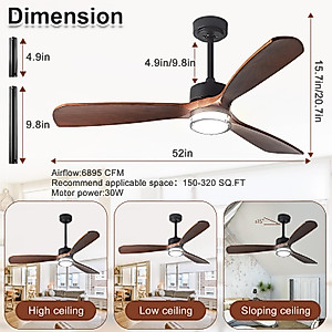 YELUFT 52'' Wood Ceiling Fans with Lights Remote Control,Quiet DC Motor,Outdoor Ceiling Fan with 3 Blades for Bedroom,Patio Living Room,Office