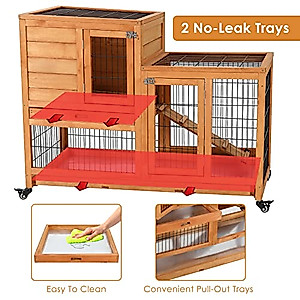 Arlopu Rabbit Hutch on Wheels Rabbit Cage Indoor Bunny Hutch with Run, Wooden Rabbit House with 2 No Leak Trays, 4 Casters, No-Slip Ramp, 2 Lockable Door (Golden red)