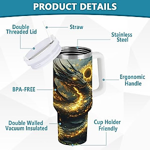 Slewiaeky Tumbler with Handle 40 oz Multicolor Dragon Wild Travel Mug with Lid and Straw Sunflower Stainless Steel Vacuum Insulated Water Bottle Cup for Iced Tea Coffee Cold Beverages Cup Holder Frie