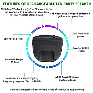 Technical Pro 8 Inch Portable 500 Watts Bluetooth Speaker w/Woofer & Tweeter w/Digital Processing, XLR to 1/4" for Karaoke (Black, Speaker)