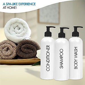 Empty White Plastic Shampoo & Conditioner Bottles (Pack of 6, 17 Fl. Oz) - 3 Screen Printed Bottles and 3 Bottles with 6 Transparent Stckers