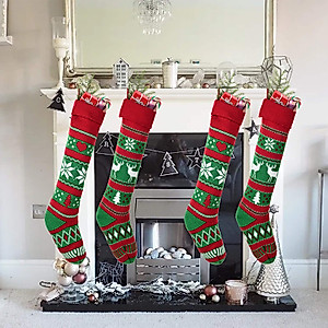 DearHouse 4 Pack Knit Christmas Stockings, 25 Inch Extra Long Stripe Snowflake Knit Knitted Xmas Rustic Personalized Large Stocking Decorations for Family Holiday Season Decor, Green