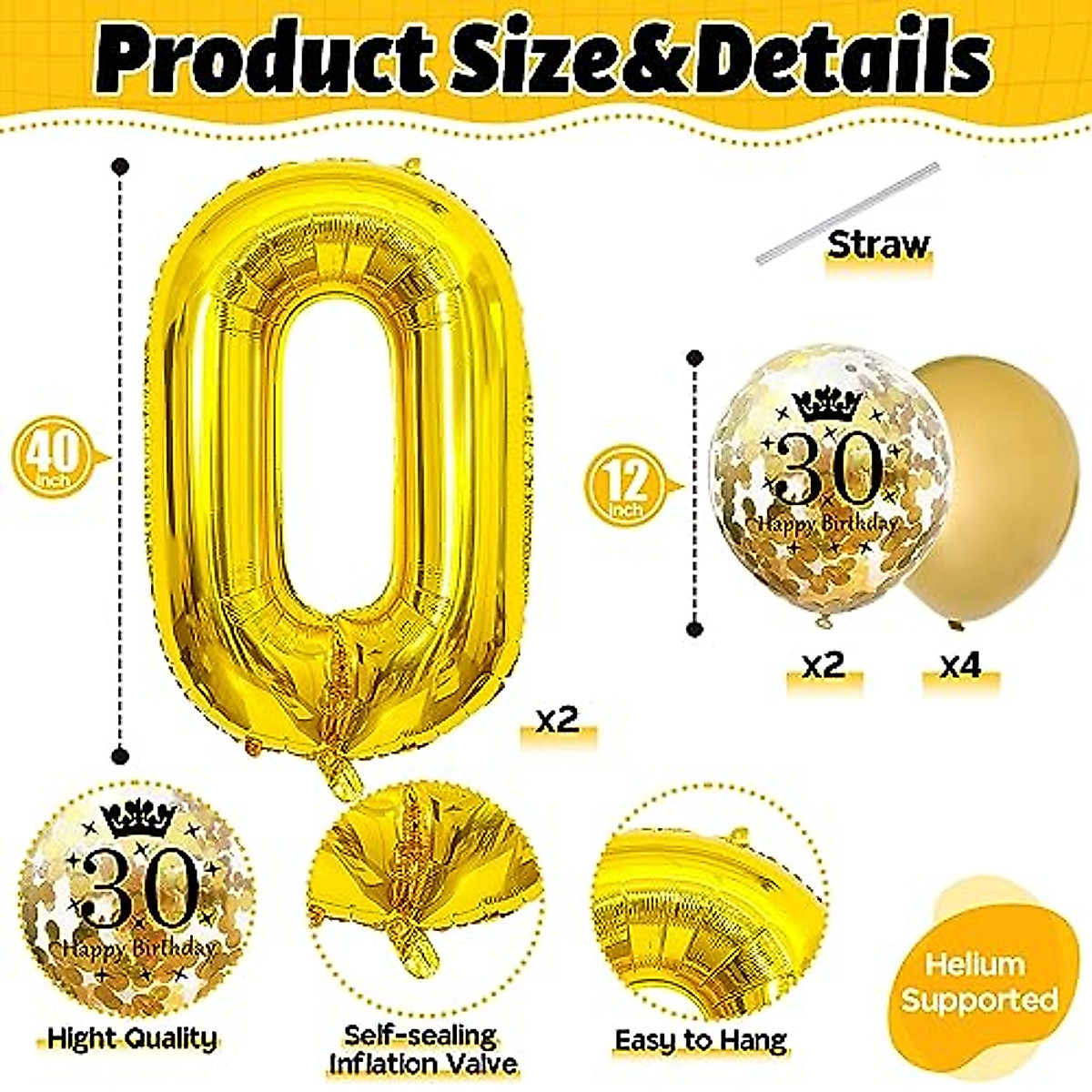 30th Birthday Decorations Men, 30th Birthday Party Decorations with Giant Foil Number 30 Balloon Birthday Confetti Latex Balloons Metallic Gold Balloons for Women 30 Years Old Birthday Balloons Decor