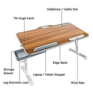 Laptop Bed Tray Table, Kavalan Portable Standing Desk, Foldable Laptop Bed Stand w/Top Handle, Storage Drawer & Phone/Pen Slot, Lap Desk for Working, Eating, Reading on Bed, Sofa & Couch, Walnut Wood