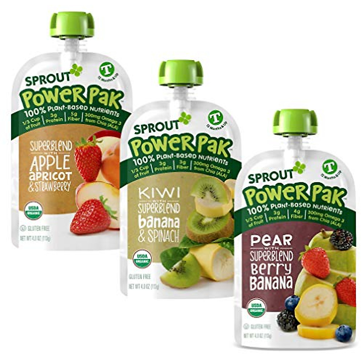 Sprout Organic Baby Food, Stage 4 Toddler Pouches, Apple Apricot Strawberry, Kiwi Banana Spinach, Pear Berry Banana Variety Pack, 4 Oz (6 Each)